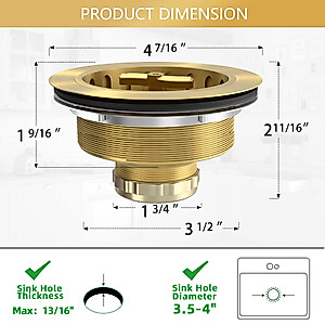 Gold Sink Drain Strainer 3-1/2 Inch Kitchen Sink Drain Assembly Kit with Stainless Steel Strainer Basket and Drain Stopper for Standard Kitchen Sink Brushed Gold