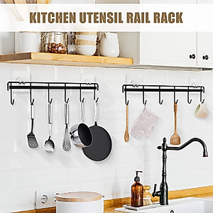 HOMEBROS Kitchen Utensil Rail Rack, 2 Packs Adhesive Utensil Rack Holder with 6 Hooks No Drilling Wall Mounted Hanger for Kitchenware Cups Mugs Towels - Black