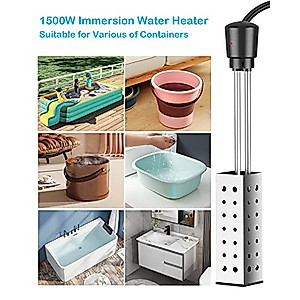 Pool Water Heater Above Ground, Portable 1500W Immersion Water Heater with Stainless Steel Guard Cover and Suspension Head for Bathtub, Garden, Backyard