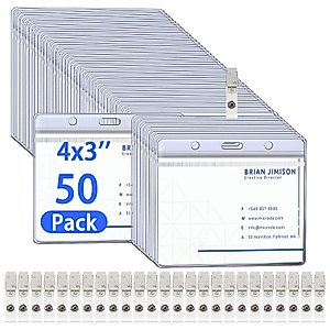 50 Pcs Tags with Clips Name Tag Holder for 4 x 3 ID Name Badge Holders, Conference Nametag Sleeves, Cover Horizontal Card Holder for Travel and Events