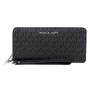 Michael Kors Jet Set Travel Continental Zip Around Leather Wallet Wristlet (Black PVC/Silver Hardware)