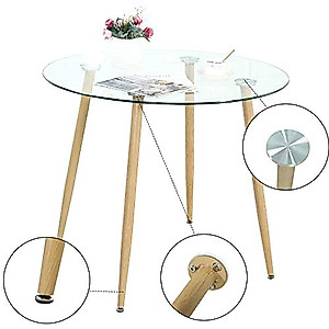 Round Dining Table - Modern Round Glass Dining Table Small Space Dining Room Table - Kitchen Table with Tempered Glass Tabletop and Metal Legs - Wood