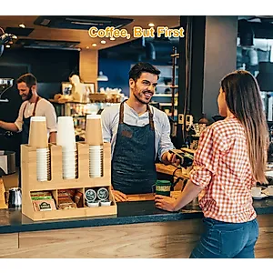 TQVAI Bamboo Coffee Station Organizer, 6 Compartments Condiment Rack Breakroom Accessories Caddy for K Pods, Snack, Tea Bags, Disposable Cups, Original