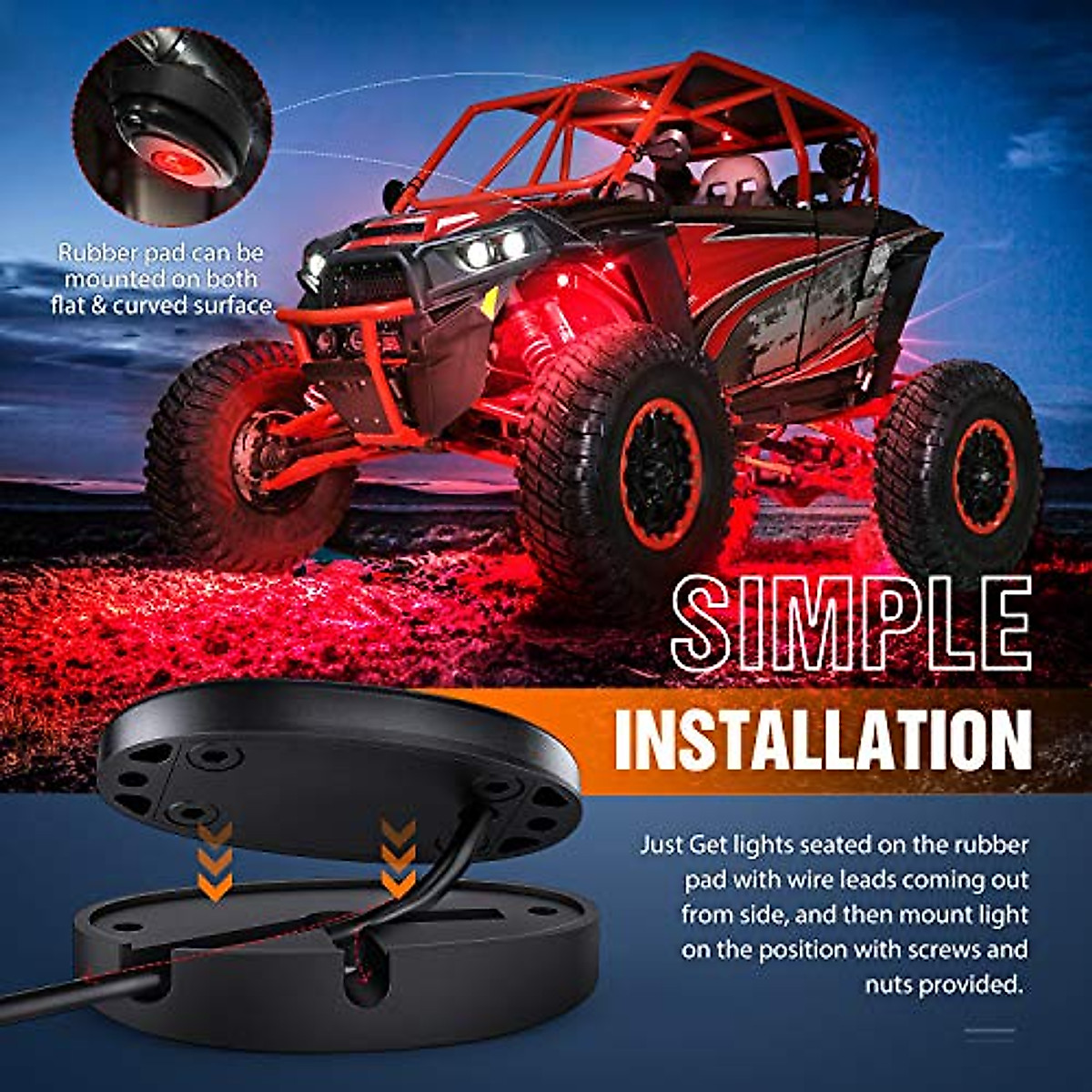 Nilight LED Rock Light 6PCS Red Light Pods Waterproof Under Body Wheel Well Light Exterior Interior Lights for Car Truck Pickups ATV UTV SUV Motorcycle Boat, 2 Years Warranty