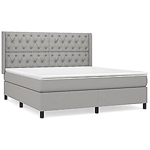 loibinfen Queen Fabric Box Spring Bed with Mattress Set,Included 1 x Bed Frame/1 x Headboard with Ears-A/1 x Mattress/1 x Mattress Topper, Light Gray with Black Legs(Style F)