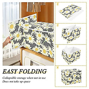 ZRWLUCKY Floral Pattern Camomile Cute White Storage Bins with Lids and Handle Durable Collapsible Storage Container Bin for Playroom, Office, Kids, Nursery