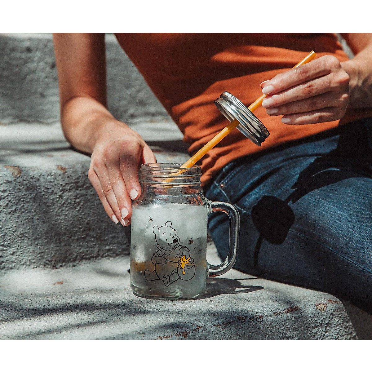 Toynk Winnie the Pooh Sweet as Can Bee 21 Ounce Glass Mason Jar With Lid and Straw