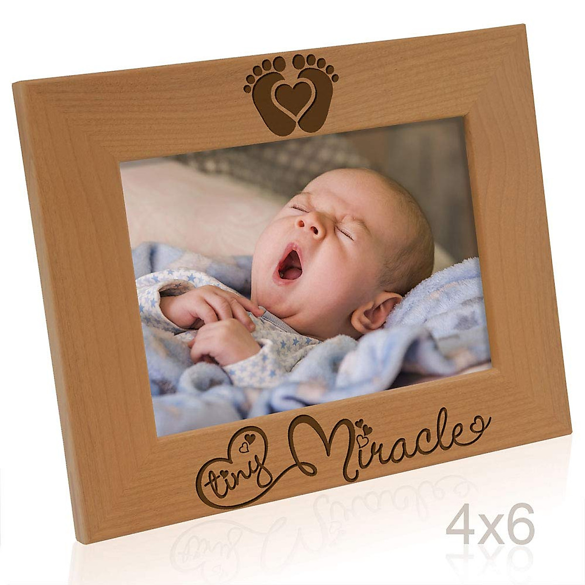 KATE POSH Tiny Miracle Engraved Natural Wood Picture Frame, New Baby Frame Gift, New Mom, New Dad, Newborn Baby Gift, Gender Reveal Gift (4x6 Horizontal)