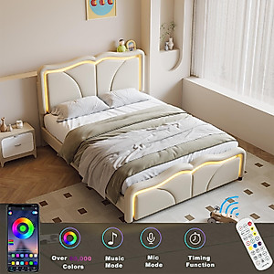 Full Size PU Upholstered Platform Bed,Bed Frame with LED Lights,Bedstead with Adjustable Headboard Height,Suitable for Kids Teenagers, Boys, Girls No Box Spring Needed, Easy Assembly (White, Full)