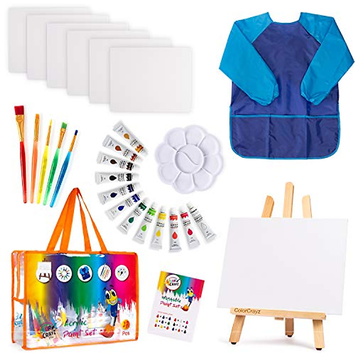 27-Piece Acrylic Paint Set for Kids - 100% Cotton Canvases, Wood Easel, Brushes, Waterproof Smock, Mixing Palette - Portable and Easy Storage