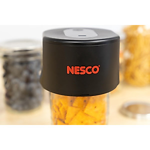 Nesco Electric Mason Jar Vacuum Sealer Kit, Type-C charging, fits wide and regular mouth jars, comes with 5 regular and 5 wide lids, bottle opener, and charging cable