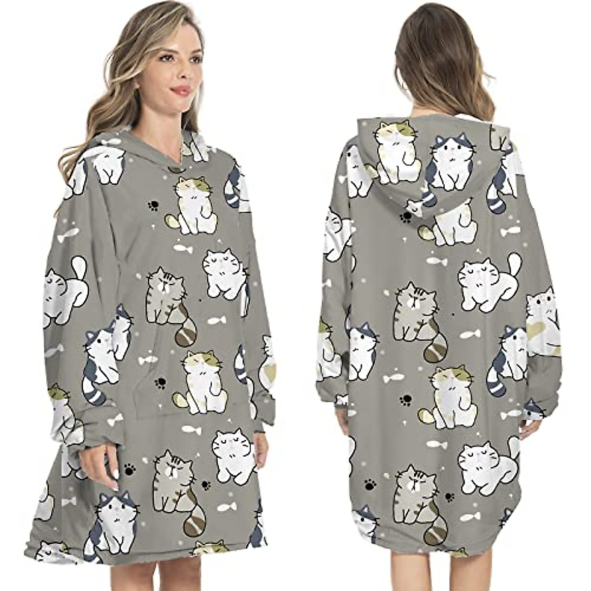 Darrenvan Wearable Blanket Hoodie Oversized Sweatshirt Blanket Adults women men Hooded Sherpa Blanket Giant Pocket reversible clothes Grey cat