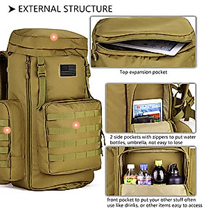 Protector Plus Tactical Hiking Daypack 70-85L Military MOLLE Assault Backpack Army Traveling Camping Pack Bug Out Bag Outdoor Rucksack (Rain Cover & Patch Included),Brown