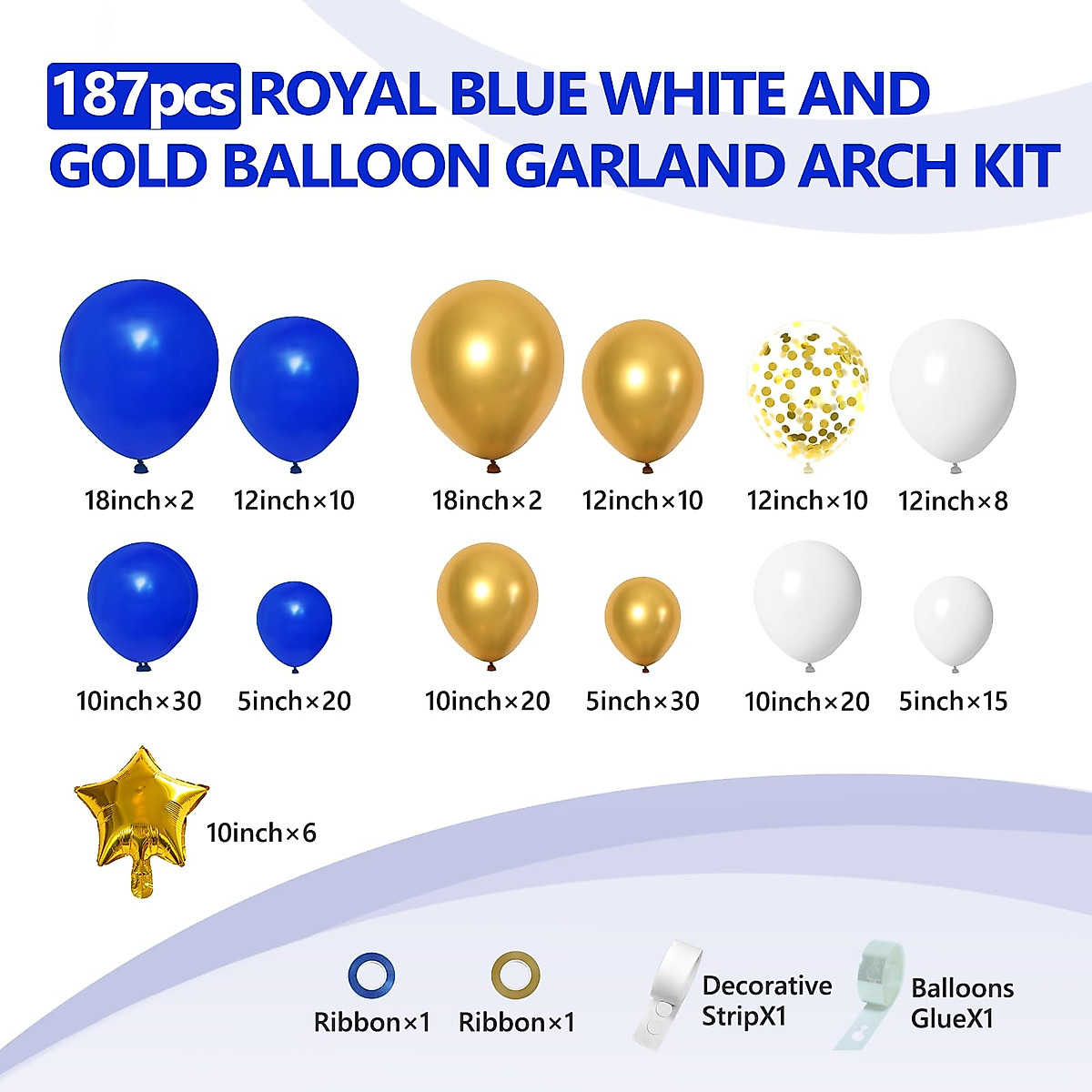 187PCS Royal Blue and Gold Balloons Arch Garland Kit, 5/10/12/18 Royal Blue and Gold White Balloons with Gold Star Foil Balloons for Baby Shower Anniversary Wedding New Year Birthday Party Decorations