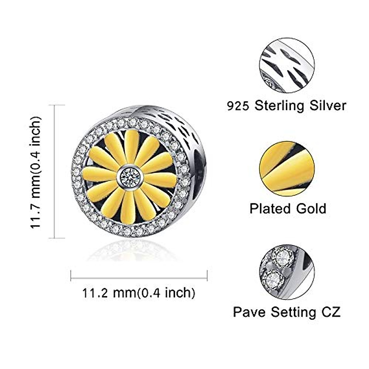 Yellow Flower Dandelion Daffodil Daisy Chrysanthemum Carnation Gold on 925 Sterling Silver Charm Bead For Pandora & Similar Charm Bracelets or Necklaces