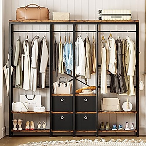 IRONCK Garment Racks with Shelves 4 Drawers and 8 Hooks Heavy Duty Closet Organizer for Hanging Clothes, Freestanding Closet Wardrobe Rack, Vintage Brown