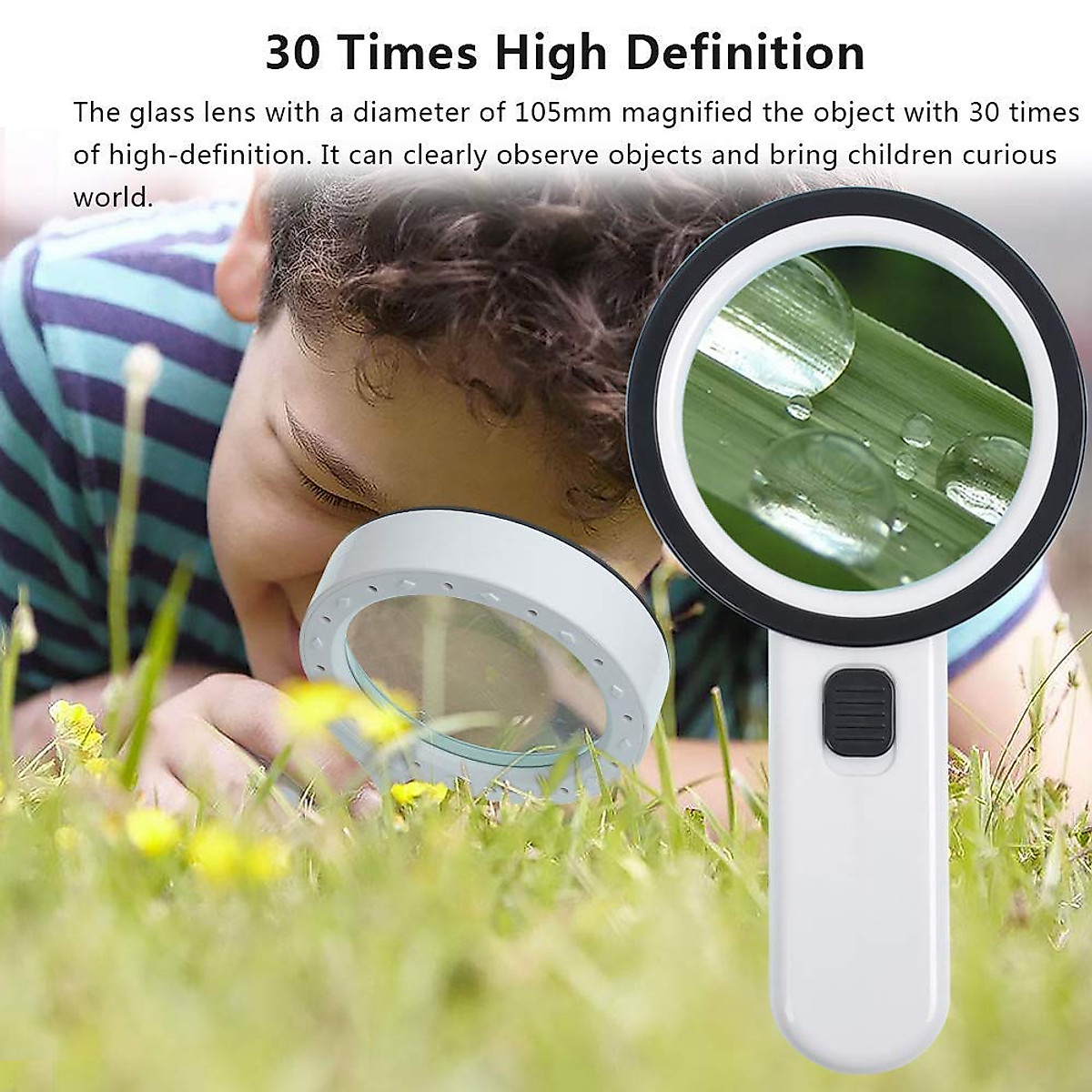 Magnifying Glass with Light, 30X Large Handheld Magnifying Glass 12 LED Illuminated Lighted Magnifier for Macular Degeneration, Seniors Reading, Soldering, Inspection, Coins, Jewelry, Exploring