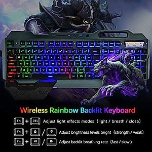 Wireless gaming Keyboard and Mouse,Rainbow Backlit Rechargeable Keyboard Mouse with 3800mAh Battery Metal Panel,Removable Hand Rest Mechanical Feel Keyboard and 7 Color Gaming Mute Mouse for PC Gamers
