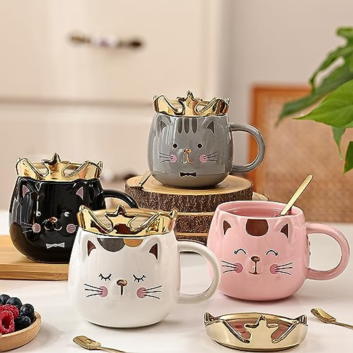 DONGSHANGIFT Cute Cat Mug Set of 4 Crown with Cell Phone Holder Lid for Lovers Ceramic Coffee Cups Women Girls Christmas Birthday Gift 14oz/420ml (4pcs Black White Pink Gray)