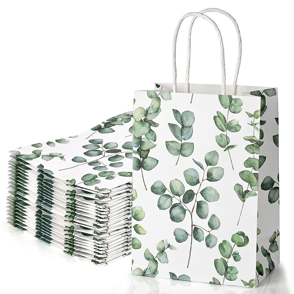 24 Pack Eucalyptus Paper Gift Bags with Handles Greenery Watercolor Green Leaf Paper Gift Bags Bulk Candy Goodie Treat Bags for Spring Wedding Birthday Baby Shower Party Favor Supplies