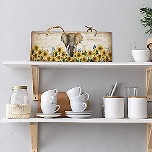 Wooden Signs 11" x 4", Retro Sunflower Sign Home Decor Wood Plaque Hanging Wall Art, Decorative Door Garden Sign with Rope, Wild Anima Elephant with Blooming Sunflowers