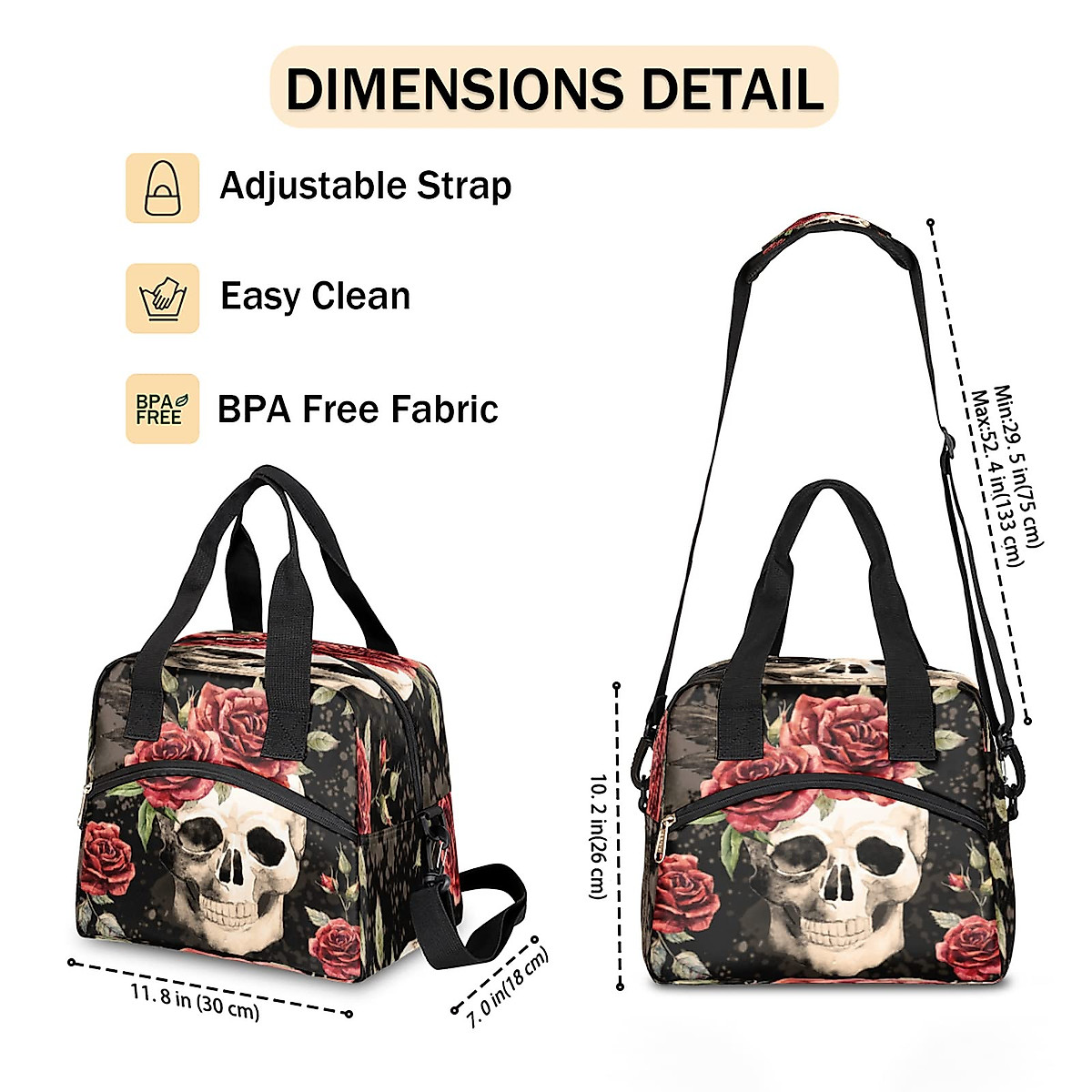 Gothic Sugar Skull Red Rose Lunch Bag Adjustable Shoulder Strap Cooler Bag Reusable Zipper Insulated Lunch Tote Bag for Work Picnic Camping School
