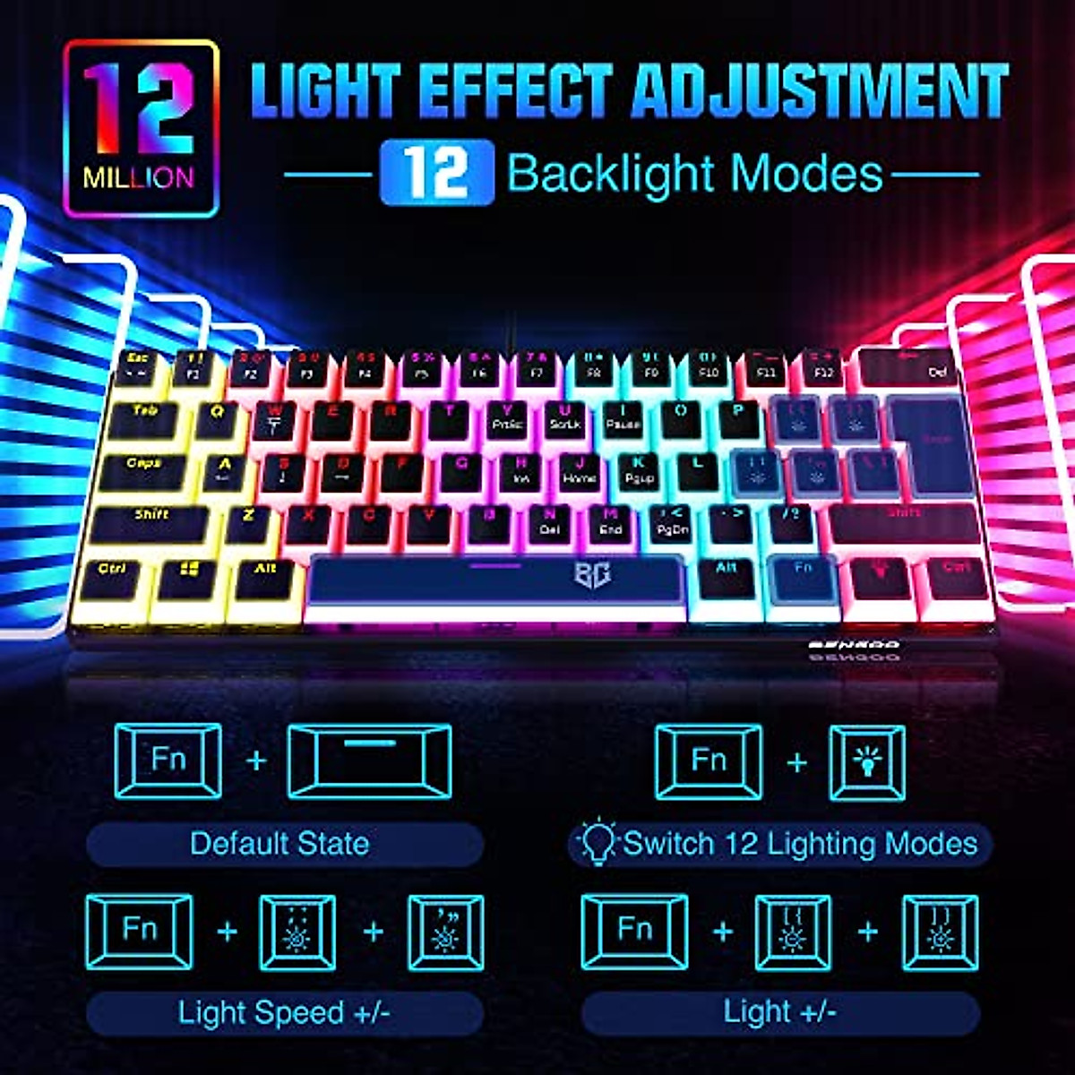BENGOO Mechanical Gaming Keyboard, 60% Rainbow LED Backlit Compact Keyboard with 61 Keys and Blue Switches,Mini Wired Keyboard with 21 Anti-ghosting Keys for Computer Gamer PC Mac(Black)