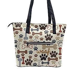 Dog Bones Paw Prints Cream Handbag Water Resistant Shoulder Bag Bookbag for Women Teens, Tote Bag with Inner Pouch