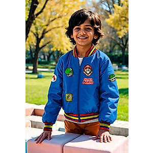 Nintendo Super Mario Bomber Jacket for Boys, Mario and Luigi Bomber Jacket (Mario Blue, Size 7)
