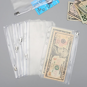 12pcs A6 Binder Pockets with Clear Zipper 6 Holes Budget Cash Envelopes Metal Zip Puller Loose Leaf Bags Waterproof PVC Pouches Multipurpose Document Folders for Storage