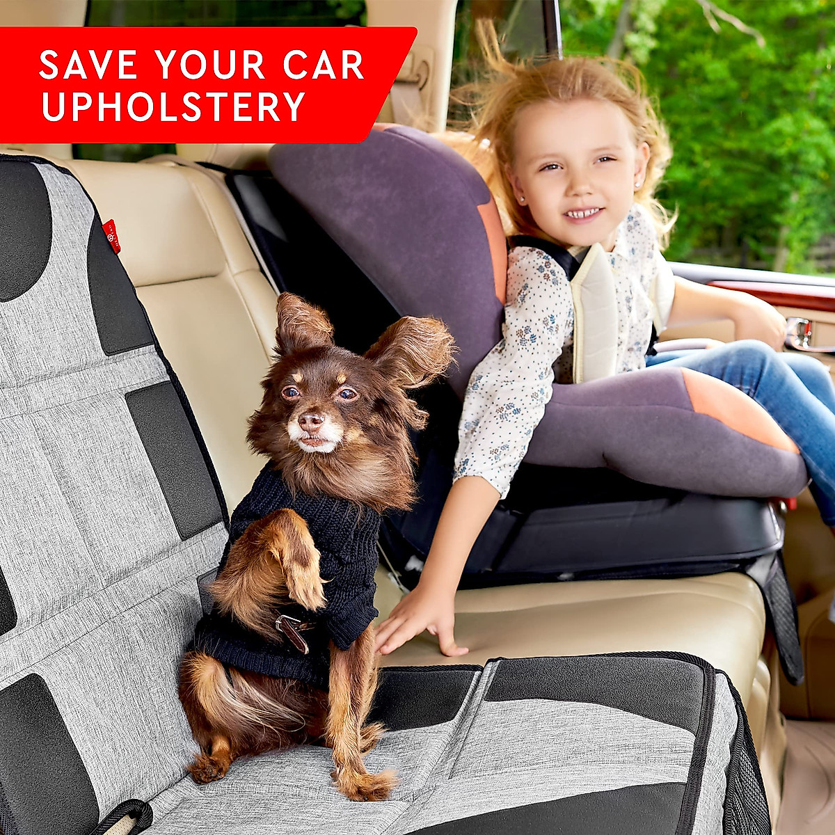 Helteko Car Seat Protector, Large Seat Cover for Child Carseat, Extra Waterproof & Stain Resistant, Thickest Padding Baby Mats Under Car Seats for Leather Seats, 2 Mesh Storage Pockets, 1Pack (Gray)