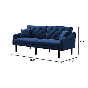 DNYN Convertible Sleeper Futon Sofa with 2 Pillows, Velvet Tufted Couch w/Metal Legs and Adjustable Backrest, for Apartment Office Small Space Living Room Furniture, Blue