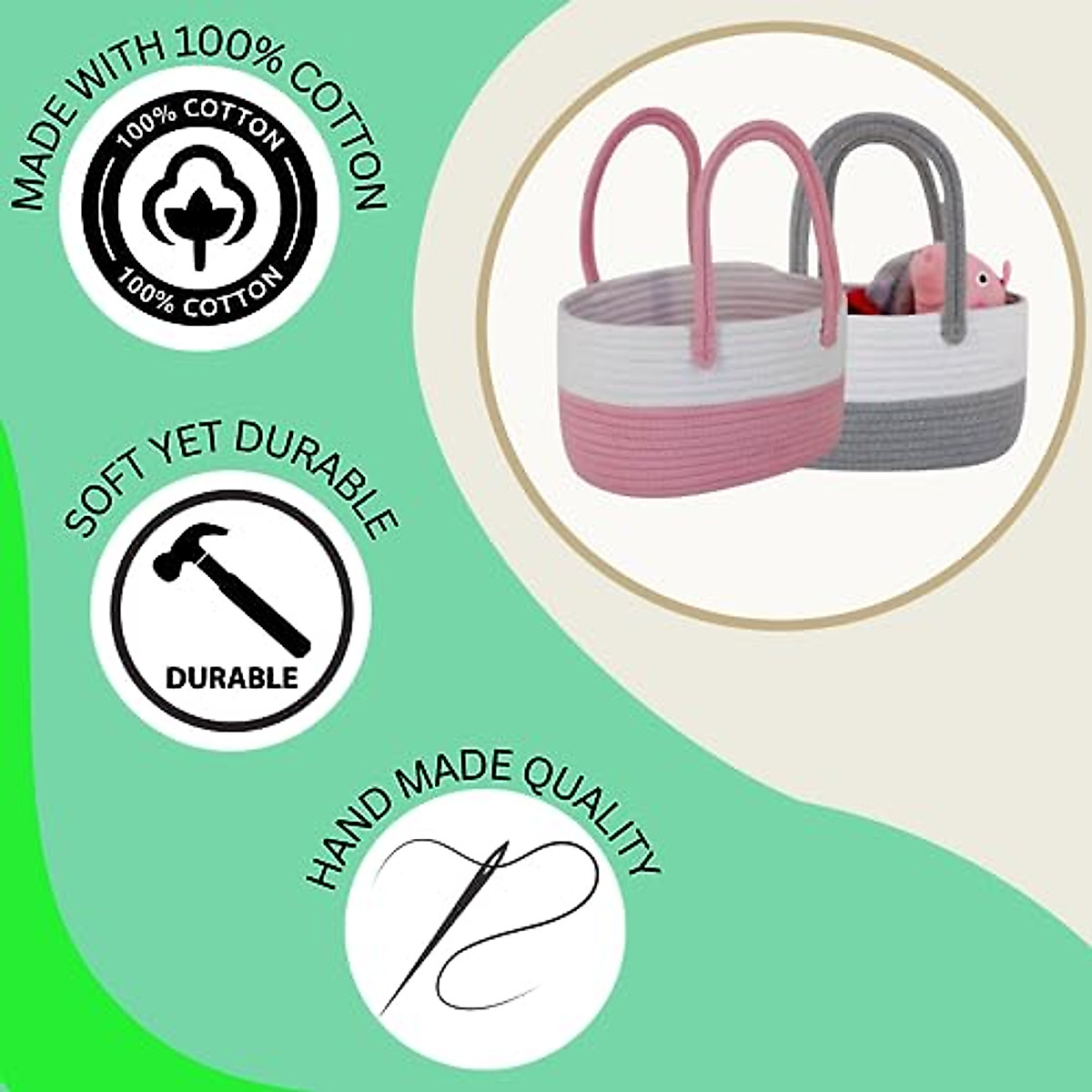 Cozy Tykes Cotton Rope Diaper Caddy Baby Basket Changing Table Organizer Dorm Bed Caddy Gift Basket Car Tote Organizer Boho Design