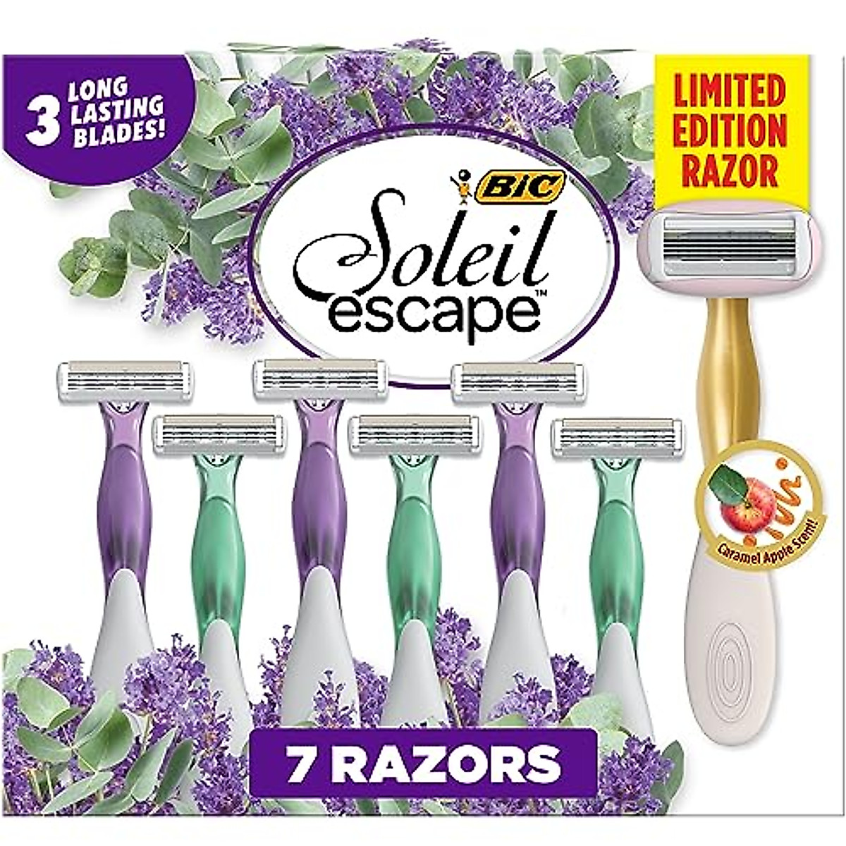 BIC Soleil Escape Women's Disposable Razor 3 Blade Set, Moisture Strip With Almond Oil, Lavender and Eucalyptus Scented Handles, Includes Bonus Caramel Apple, 8 Razors