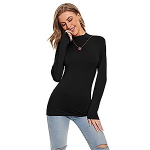 Black Turtleneck for Women Long Sleeve Mock Neck Tops Stretchy Lightweight Slim Fitted Pullovers Large