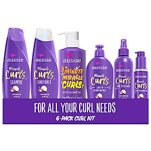 Aussie Miracle Curls Set: Shampoo, Conditioner, Deep Hydration, Spray Gel, Detangling Milk, and Oil Hair Treatment, Curl Oil, Coconut & Jojoba, Frizz Control, 6 Pieces