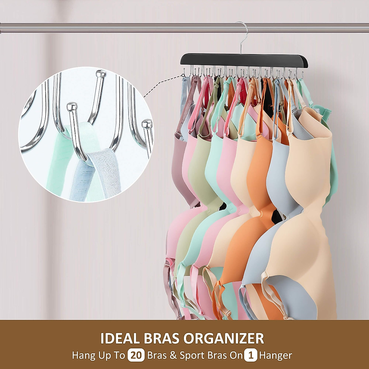 ZEDODIER Bra Hanger for Closet, Tank Top Hanger 20 Hooks Capacity, Wood Space Saving Hanger Closet Organizers and Storage for Dorm & Apartment, Black