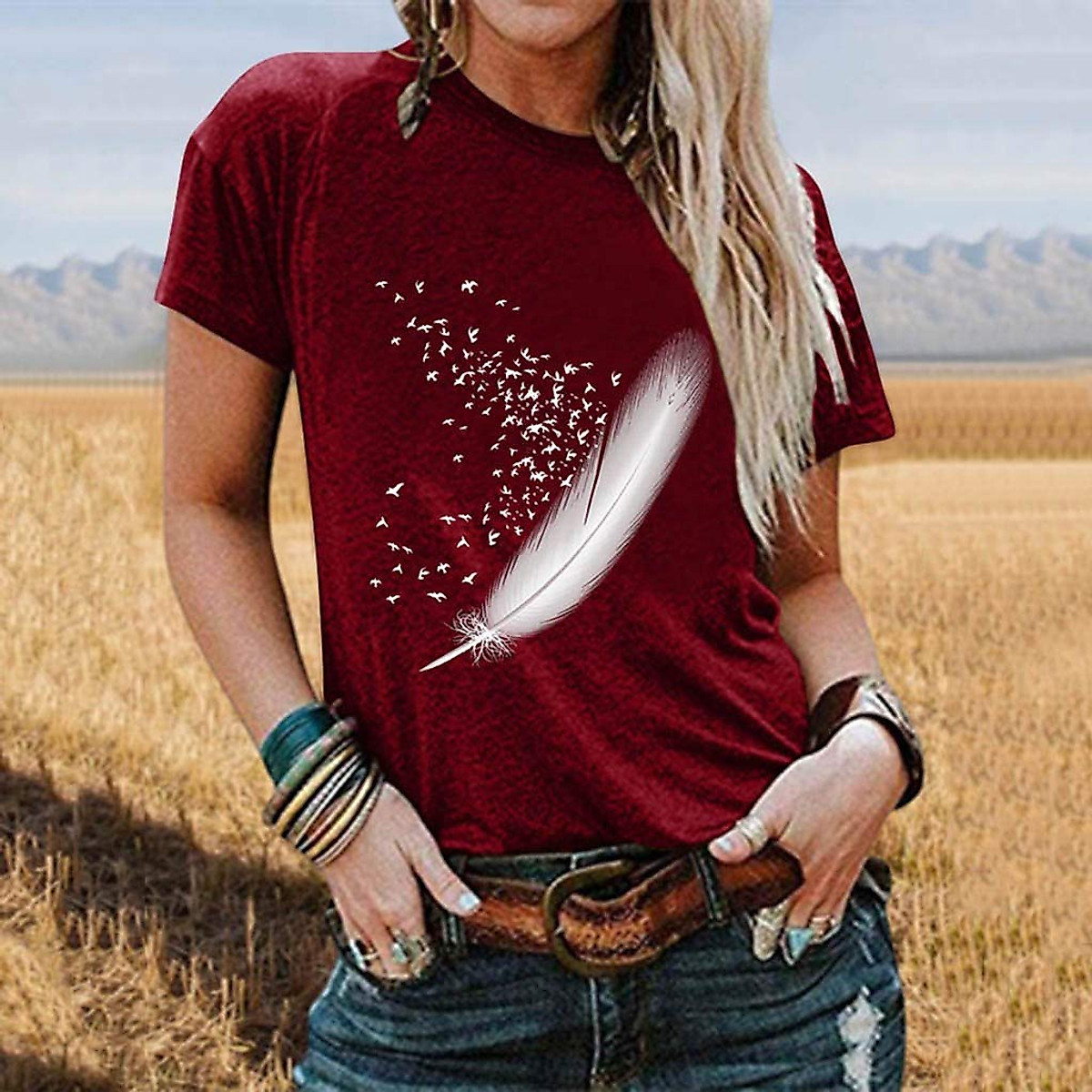 Aniywn Womens T-Shirt Summer Casual Printing Crewneck Short Sleeve Top Blouse Stylish Basic Tunic Tops Red