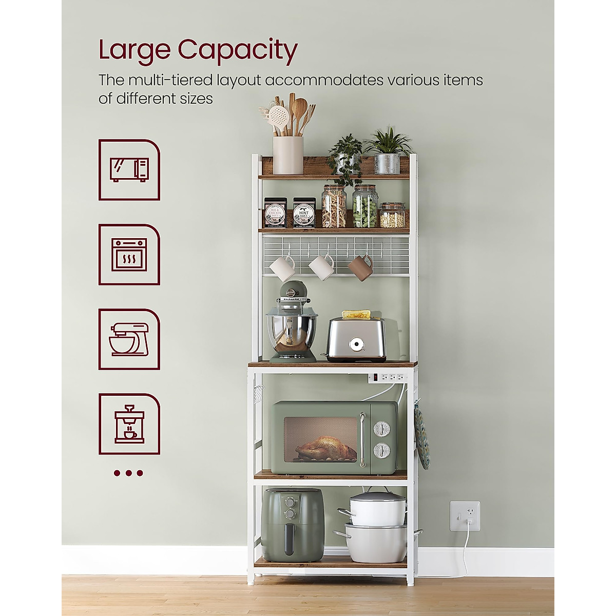 VASAGLE Hutch Bakers Rack with Power Outlet, 14 Hooks Microwave Stand, Adjustable Coffee Bar with Metal Wire Panel, Kitchen Storage Shelf, 15.7 x 23.6 x 66.9 Inches, Rustic Walnut and White UKKS037W41