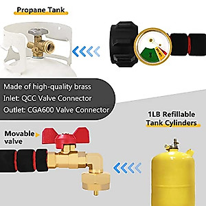 Updated Propane Fitting Refill Adapter Valve for 1LB Gas Bottle Refillable Tank Cylinders,QCC Valve Connector,Brass/Metal,CGA600 Valve Connector, 9"Adapter length, safety Propane Refill Adapter Valve