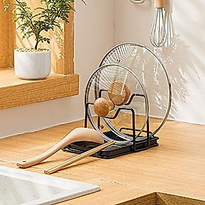 Elvaesther Pot Lid Holder, Lid and Spoon Rest Rack with Drip Tray for Pot Lids, Countertop Storage Rack, Cutting Board Rack for Spatula Spoon Pot Cover Chopping Board Black