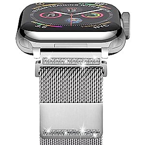 Magnetic Metal Band Compatible with Apple Watch Bands 38mm 40mm 41mm 42mm 44mm 45mm for Men Women, Stainless Steel Mesh Milanese Loop Diamond Strap Compatible for iWatch Series SE/7/6/5/4/3/2/1,Silver