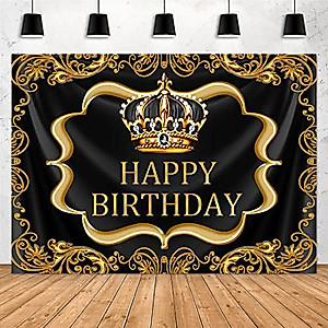 Aperturee Black and Gold Happy Birthday Backdrop 7x5ft Little Baby Boy Prince King Crown Photography Background Celebration Party Decoration Supplies Cake Table Banner Photo Booth Prop