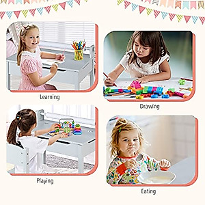 INFANS Kids Table and Chair Set with Paper Roll, Wooden Lift-top Desk for Toddler Writing Drawing Reading Craft Art, Children Furniture Activity Table Set for Nursery Daycare Playroom (Grey)