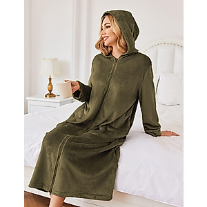 Ekouaer Womens Long Zipper Robes Casual Luxury Fleece Robes Winter Soft Comfy Sleep Robe Army Green L