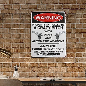 LuckyBamboo Vintage Metal Gun Signs, Property Patrolled by a Crazy Bitch Warning Signs Outdoor Home Yard Street Garden Garage Door Metal Signs