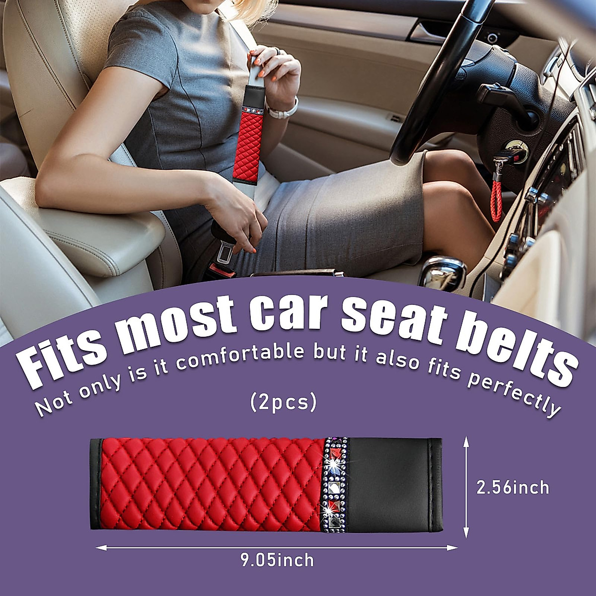 Ziciner 2PCS Leather Seat Belt Cover, Sparkling Rhinestone Seat Belt Covers for Women, Soft Harness Pads Strap Helps Protect Your Neck & Shoulder, Auto Interior Accessories for Adult Kid (Red)