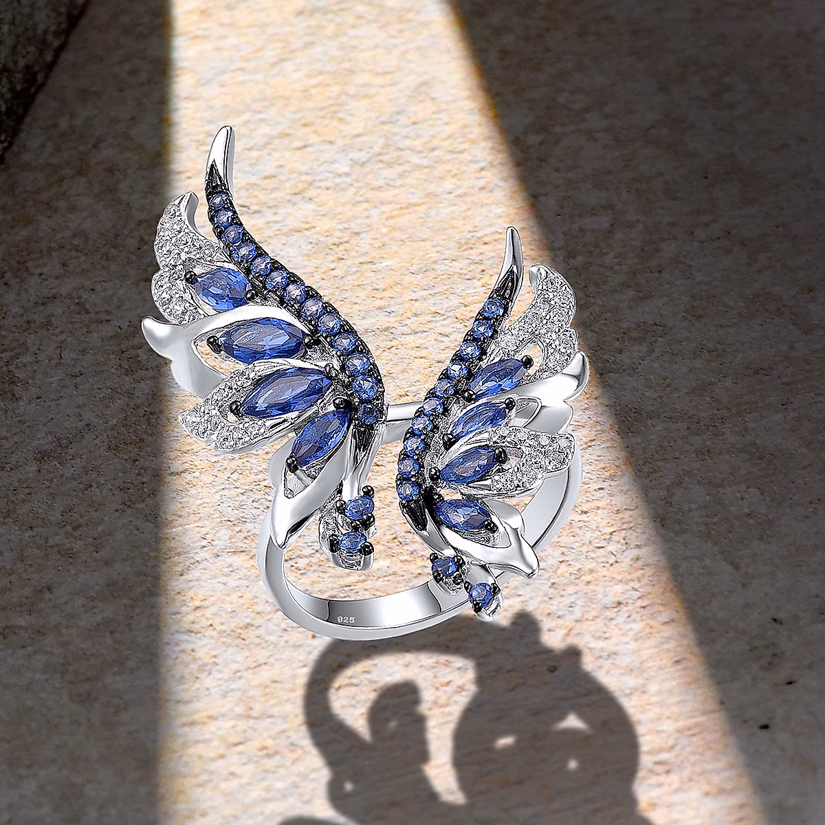 Santuzza 925 Sterling Silver Blue Wings Ring Blue Nano Cubic Zirconia Angel Wing Ring for Women (8)