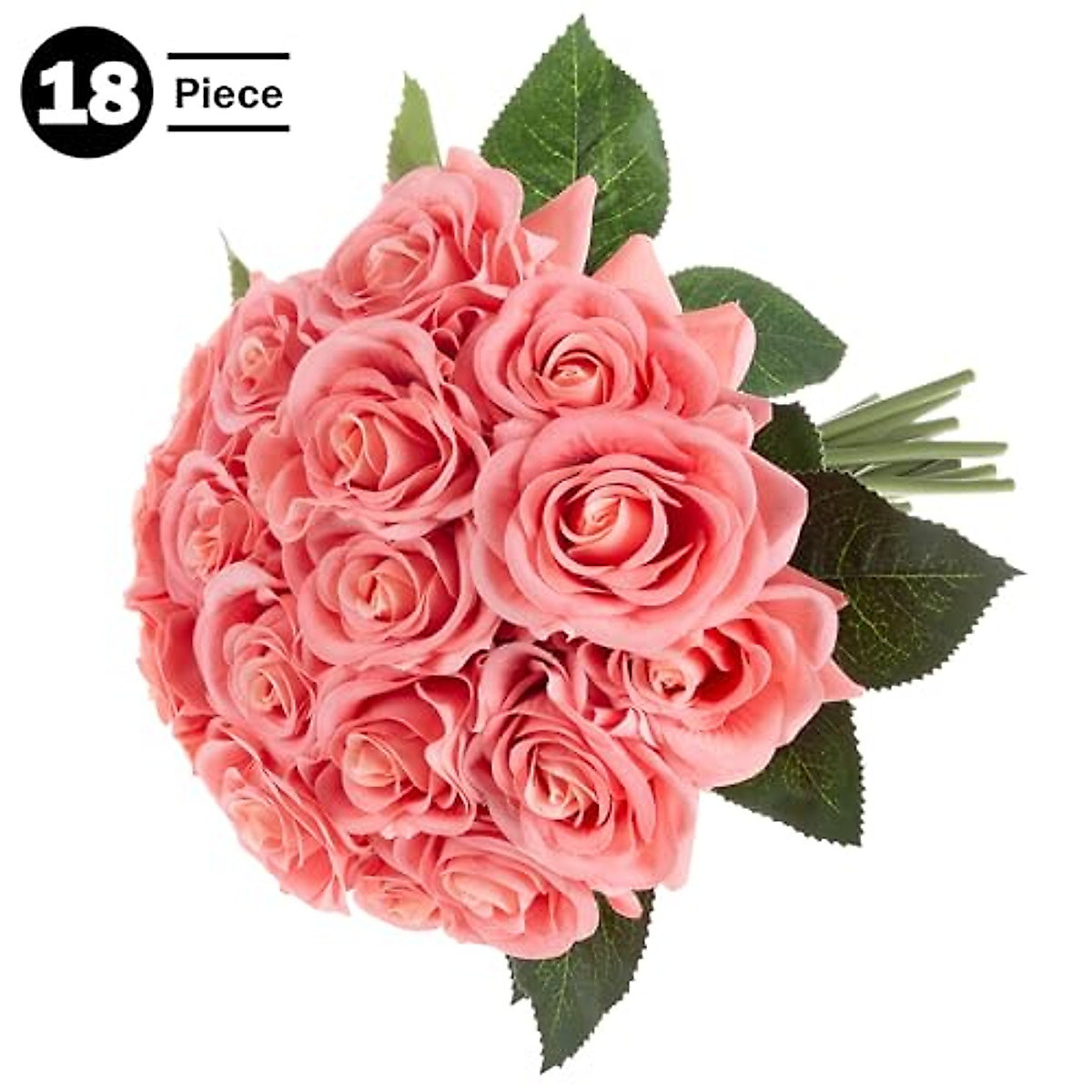 Pure Garden Rose Artificial Flowers - 18Pc Real Touch 11.5-Inch Fake Flower Set with Stems for Home Decor, Wedding, or Bridal/Baby Showers (Coral)