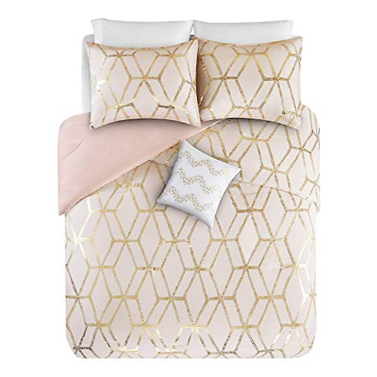 Comfort Spaces Vivian Comforter Set Ultra Soft All Season Lightweight Modern Geometric Glam Metallic Print Bedding, Matching Sham, Decorative Pillow, Full/Queen, Geometric Blush/Gold
